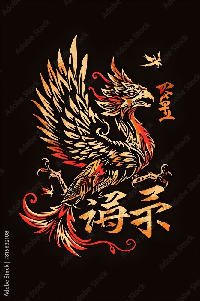 Powerful Archaeopteryx Creature Adorned with Elegant Japanese Kanji ...