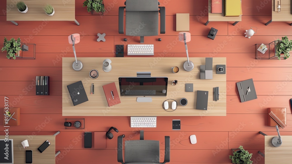 Office cubicle flat design top view, workspace theme, 3D render ...