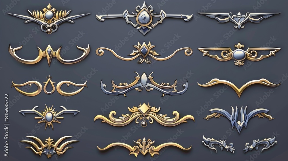 UI medieval borders in silver and gold metal. Cartoon collection of ...
