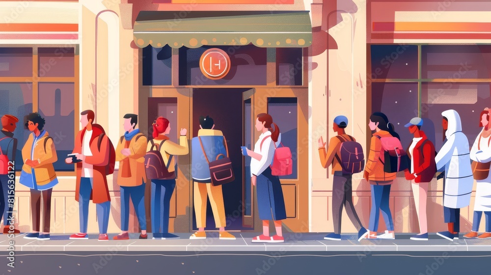 The city landscape with different characters waiting in long lines ...