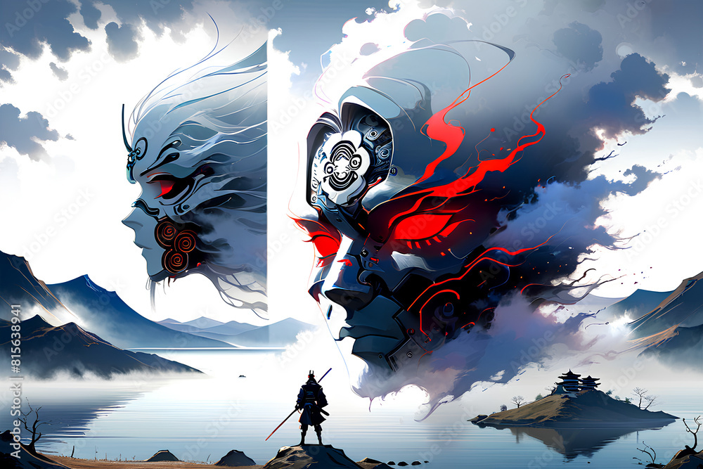 samurai warrior in front of the face of the god of death, cloud and fog ...