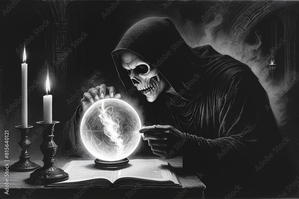 Distorted ghoul performing a secret ritual holding a glowing crystal ...