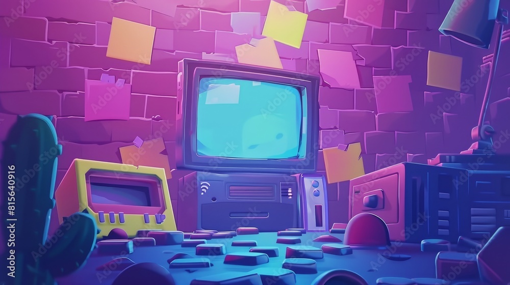 Old pc screen layouts, modern cartoon set, social media posters ...