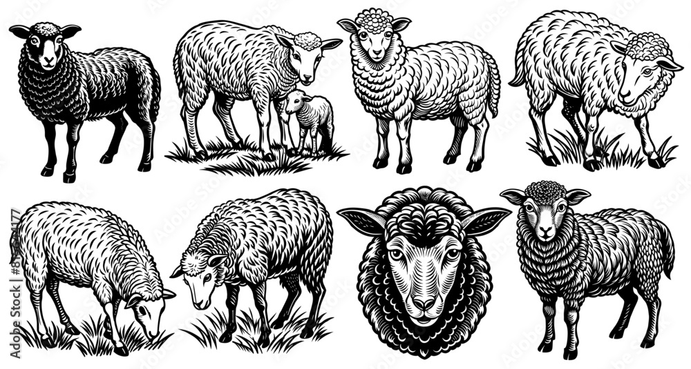 Detailed monochrome illustration, a set of eight sheep in various poses ...