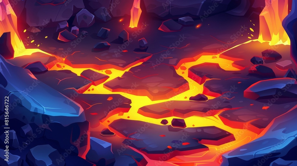The volcano lava hell rock cave view is a fantasy game cartoon ...