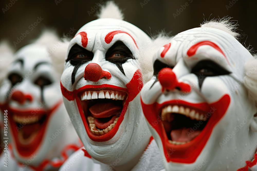 Funny clowns laugh with wide open mouths. April Fools Day and ...