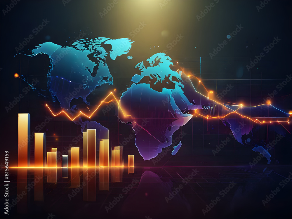 Global business success growth level up network graph with world map ...