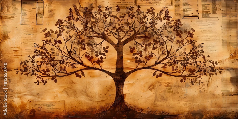 Vintage family tree with DNA genes ancestors and historical documents ...