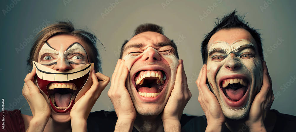 International Joke Day celebration, April Fools Day. Funny clowns laugh ...