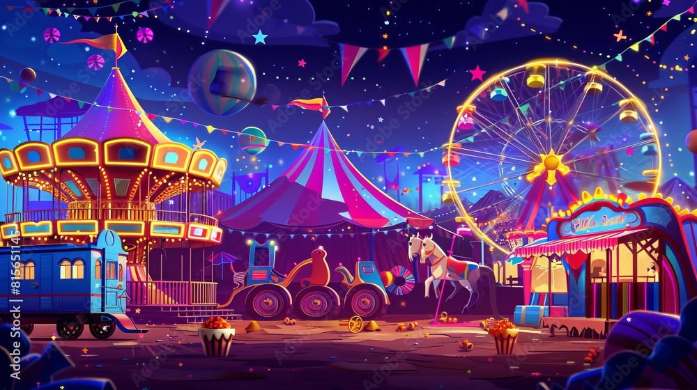 Cartoon evening illustration of a carnival or funfair landscape with ...