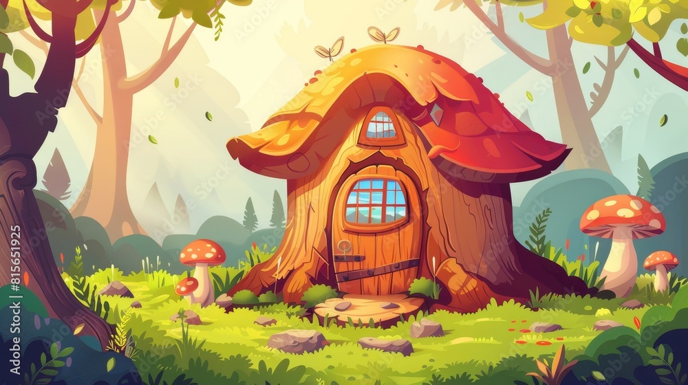Tiny house made of tree stumps. Small fantastic elf or gnome hut with ...