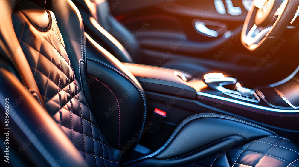 High angle view of luxury sport car front passenger seat and detail ...