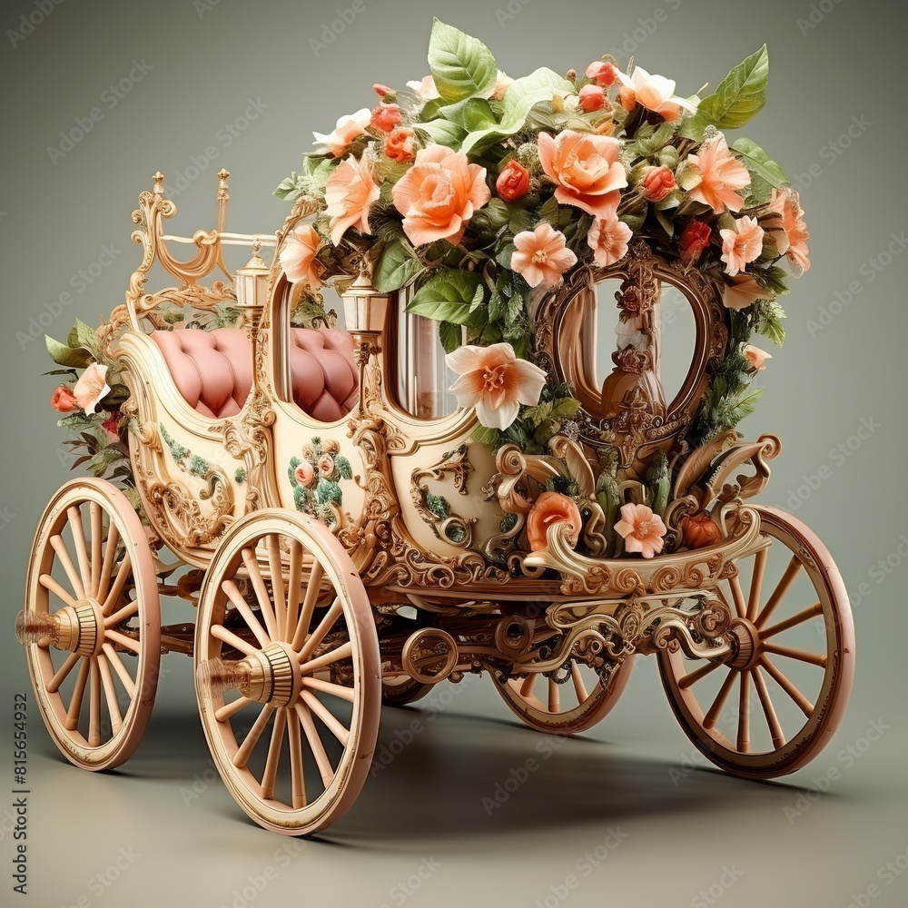 A special royal horse-drawn carriage with four wheels in a luxurious ...