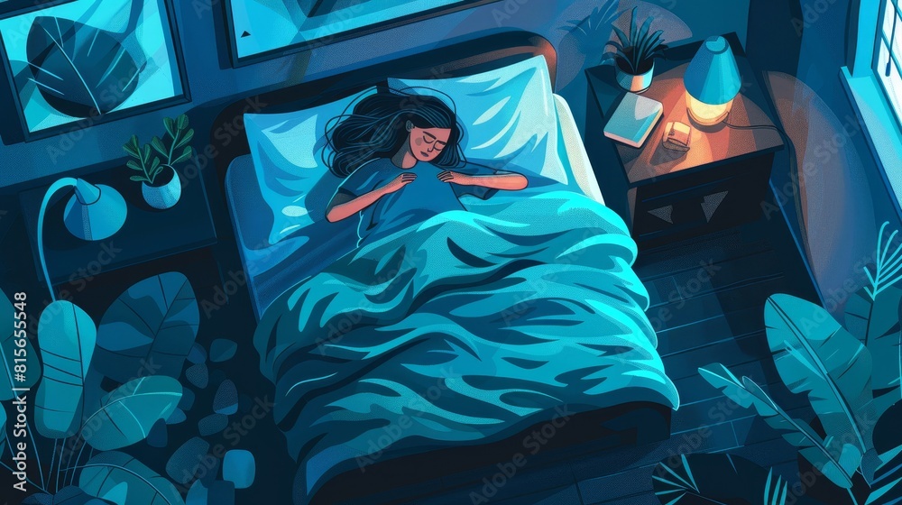Cartoon illustration of sleeping woman in bed on the top of bed. Night ...