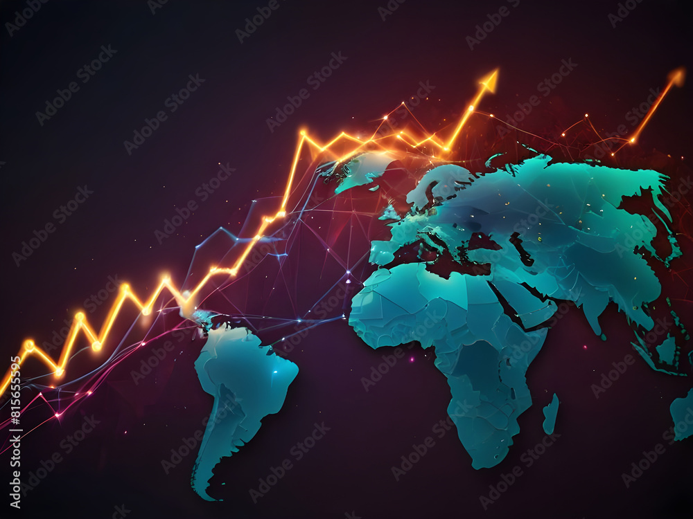 Global business success growth level up network graph with world map ...