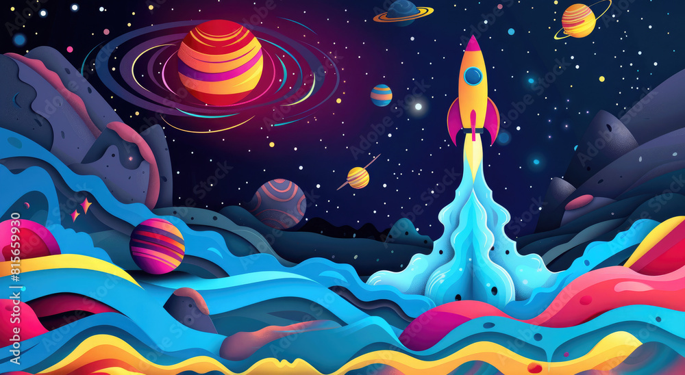 A rocket is taking off, surrounded by planets and stars in the universe ...