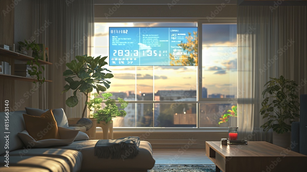 A smart window display in a living room showing real-time weather, news ...