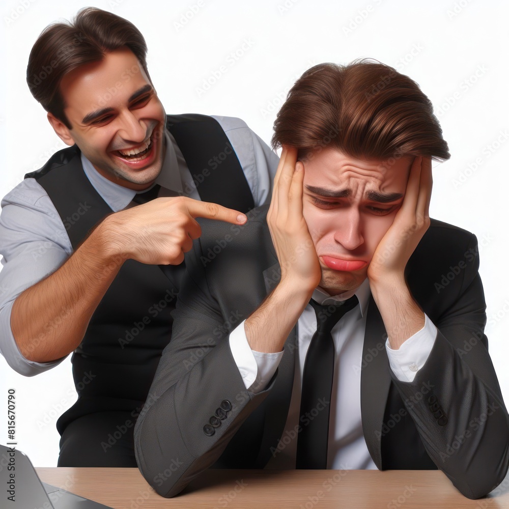 Mobbing at work, Sad man being laughed at and pointed at Isolated on ...