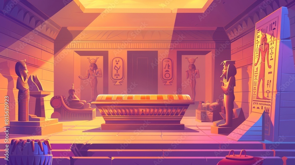 The interior of a pyramid in ancient Egypt with a golden sarcophagus ...