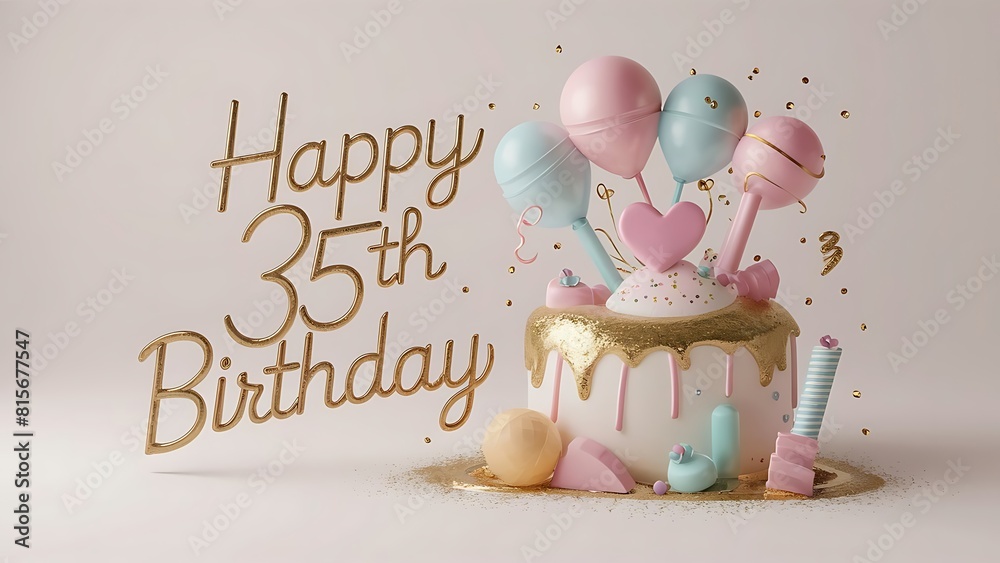 Minimalist 3D Happy 35th Birthday Background With Balloons , Hearts ...