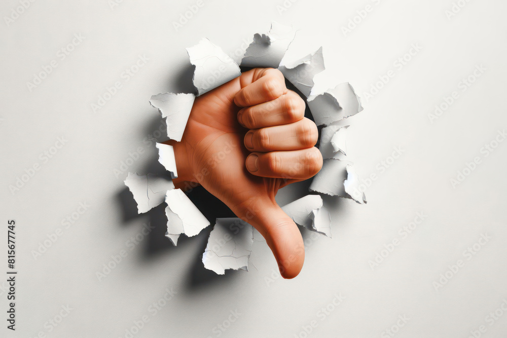 Hand Showing Thumb Down Dislike Sign sticking out of torn paper wall ...