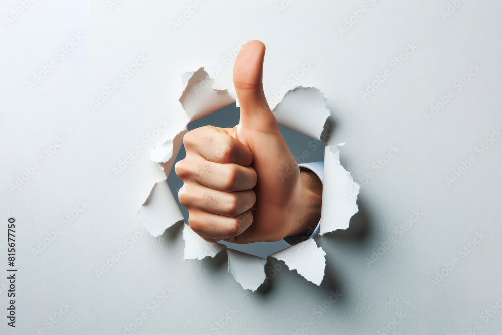 hand showing thumbs up sign sticking out of torn paper wall Isolated on ...