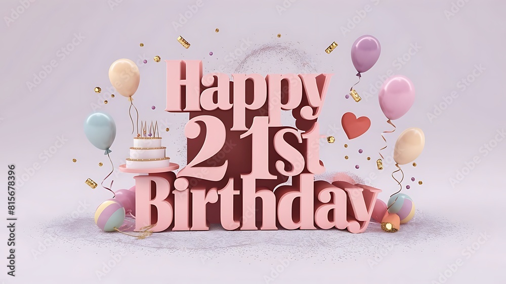 Minimalist 3D Happy 21st Birthday Background With Balloons , Hearts ...