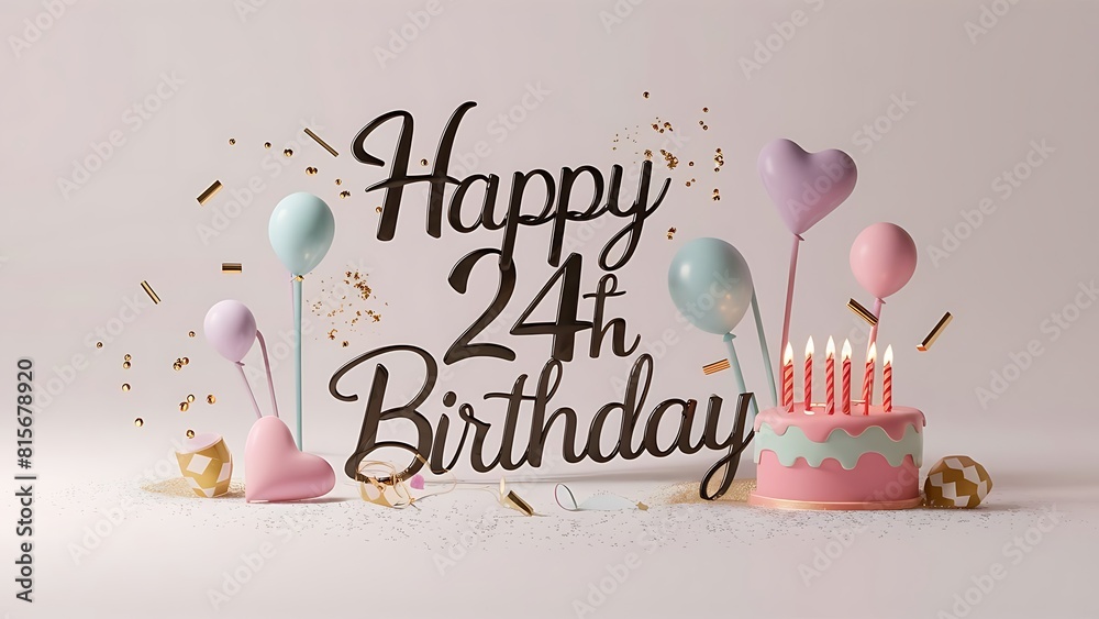 Minimalist 3D Happy 24th Birthday Background With Balloons , Hearts ...
