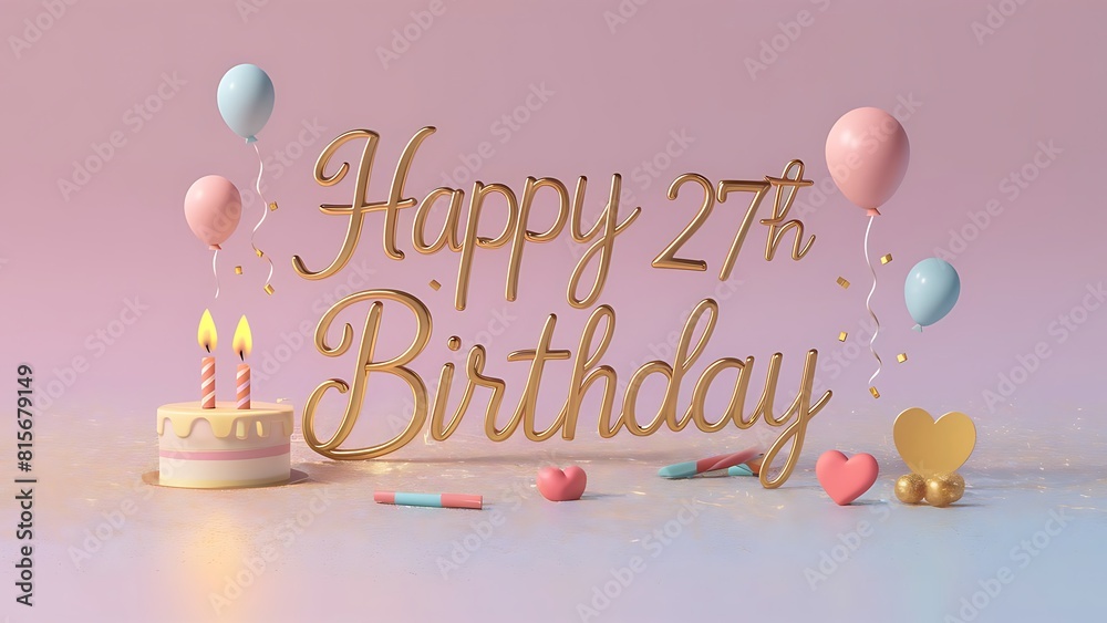 Minimalist 3D Happy 27th Birthday Background With Balloons , Hearts ...