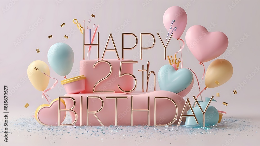 Minimalist 3D Happy 25th Birthday Background With Balloons , Hearts ...