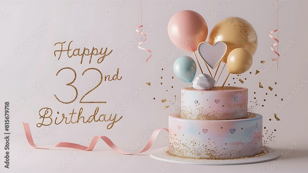 Minimalist 3D Happy 32nd Birthday Background With Balloons , Hearts, Confetti And Candles, Happy ...
