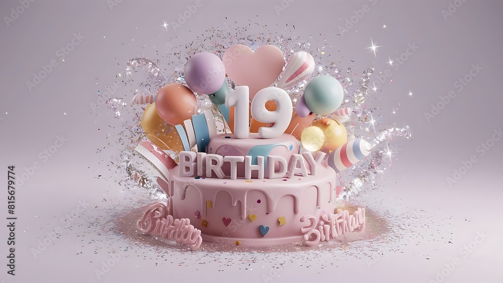 Minimalist 3D Happy 19th Birthday Background With Balloons , Hearts ...