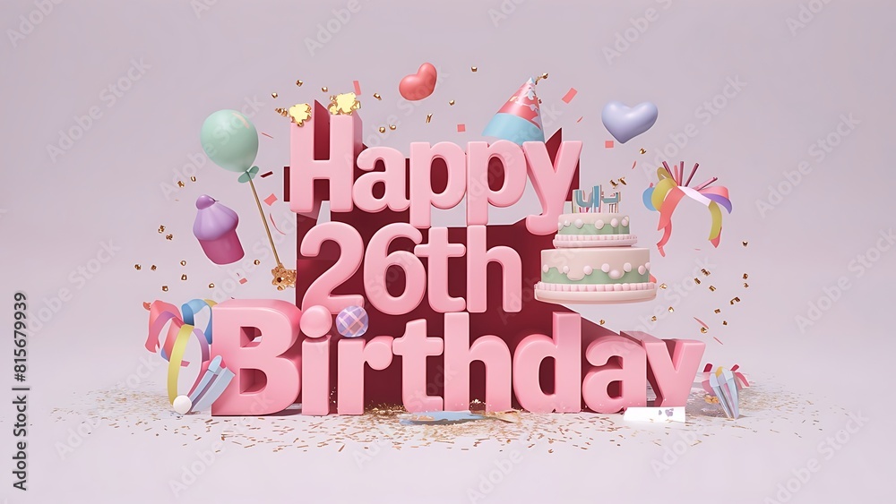 Minimalist 3D Happy 26th Birthday Background With Balloons , Hearts ...