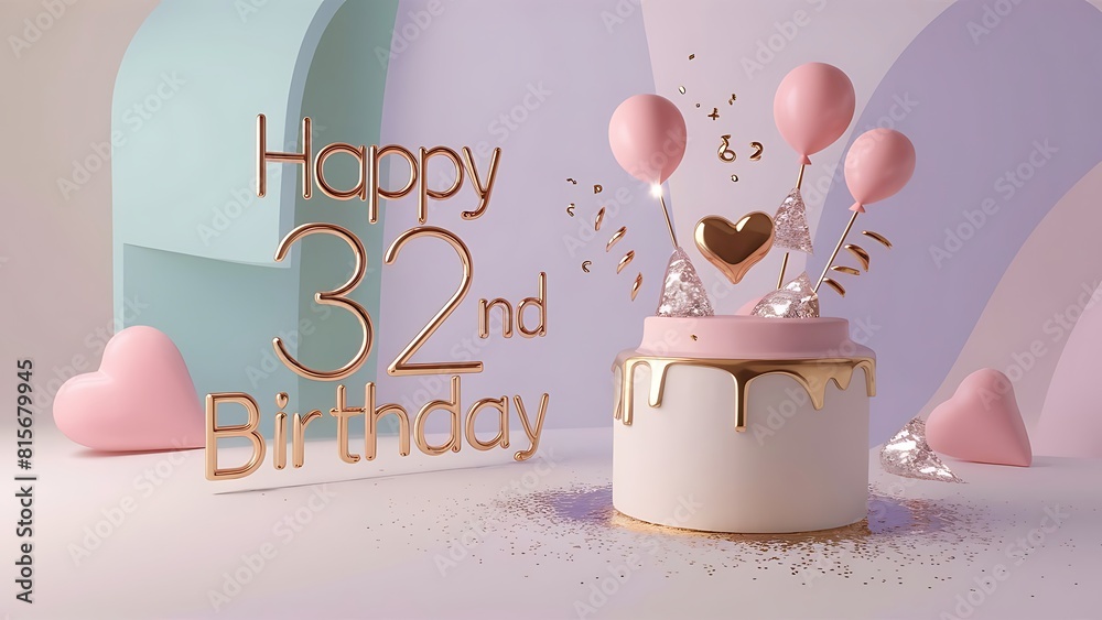 Minimalist 3D Happy 32nd Birthday Background With Balloons , Hearts ...