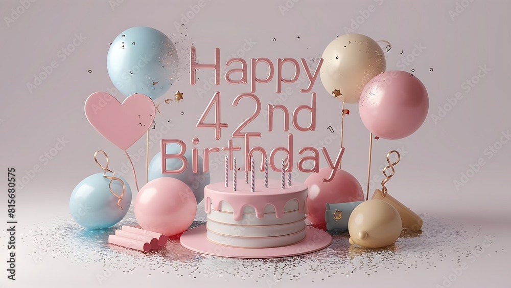 Minimalist 3D Happy 42nd Birthday Background With Balloons , Hearts ...