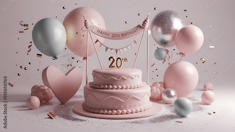 Minimalist 3D Happy 20th Birthday Background With Balloons , Hearts ...