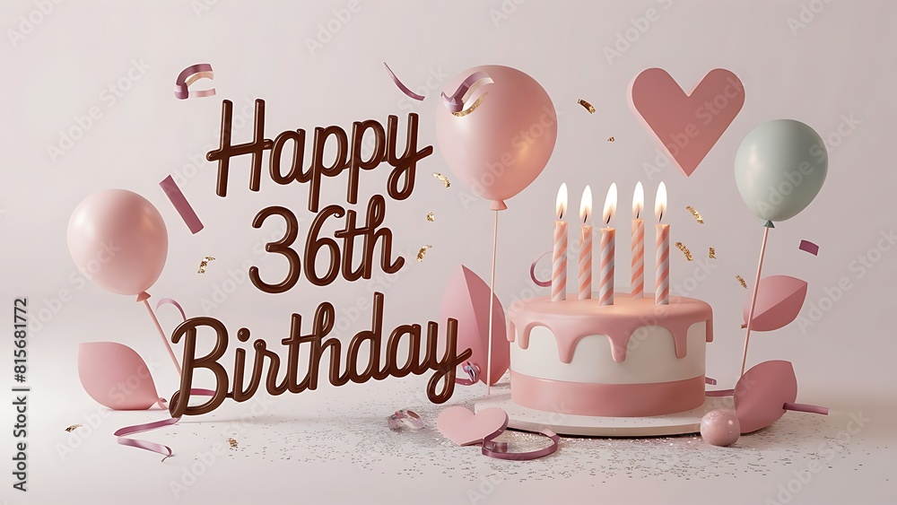 Minimalist 3D Happy 36th Birthday Background With Balloons , Hearts ...
