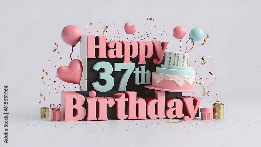 Minimalist 3D Happy 37th Birthday Background With Balloons , Hearts ...