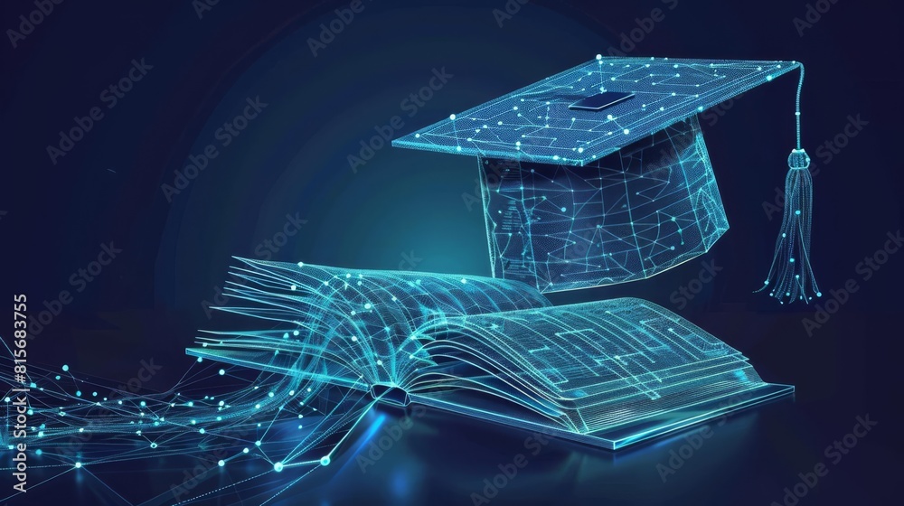 Digital education concept with a wireframe book and graduation cap made ...