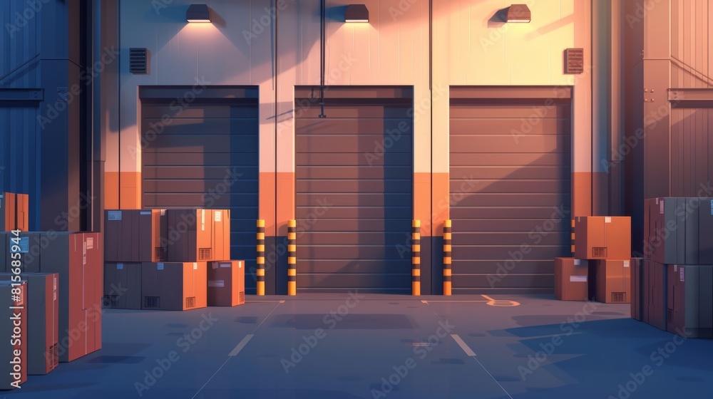 Closed gates and cardboard boxes in a warehouse. Modern realistic ...