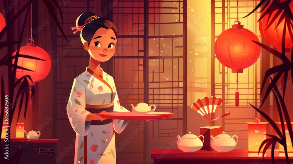 Chinese culture banner with kimono wearing woman in room with red ...