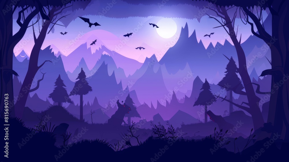 Modern layered background for 2D platform game UI design. Dark forest ...