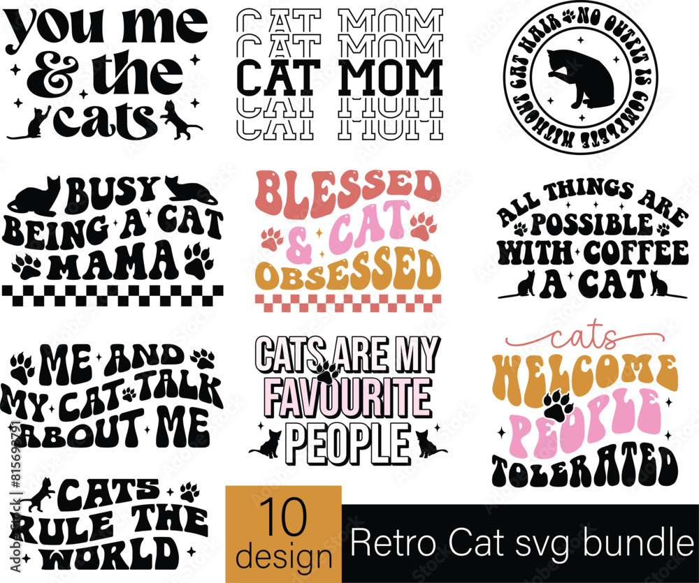 Retro Cat SVG Bundle, Cat PNG Bundle, Cat Clipart, Kitten svg, Cat ...