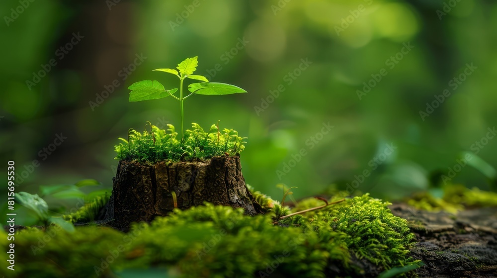 New plant life sprouting boldly from a deceased tree trunk, surrounded ...