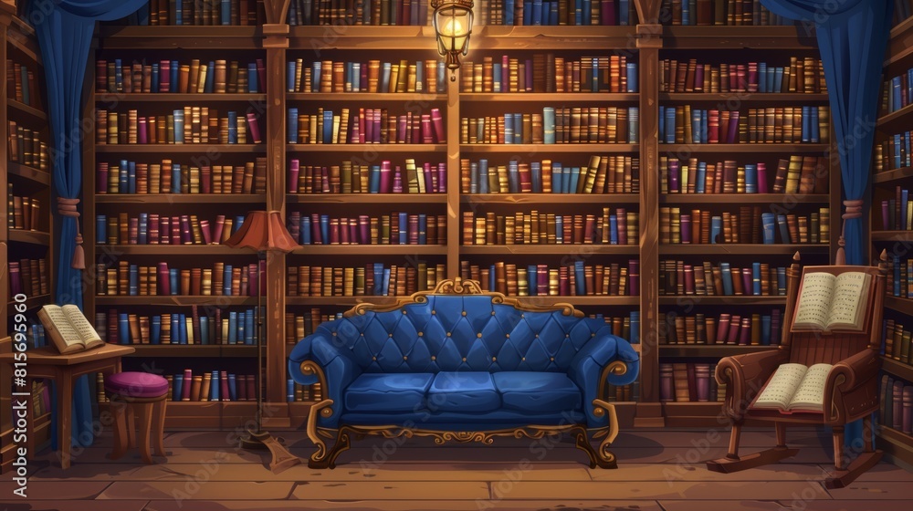 Cartoon illustration of old room or library interior with leather coach ...