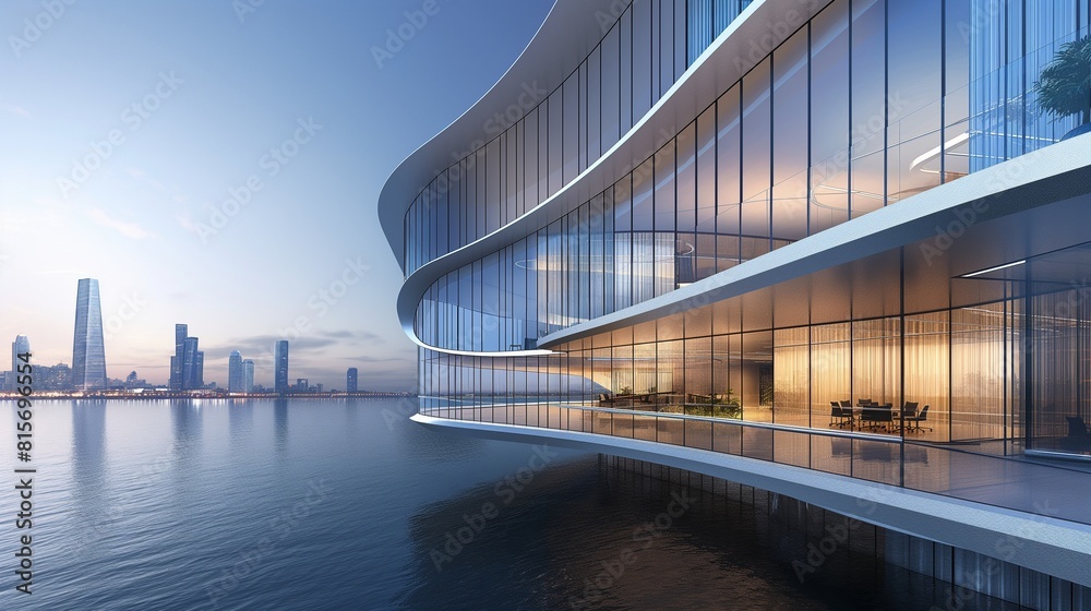 A waterfront office building with sweeping, curved lines mimicking the ...