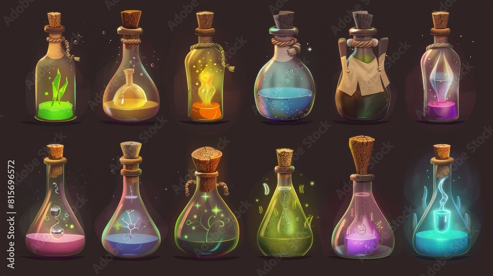 Icons set of witch poison flasks, cartoon glass beakers with glow ...