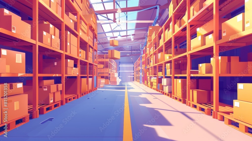 Storehouse interior storehouse interior view, racks filled with boxes ...