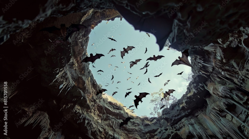 Nature's marvel: bats in flight, departing from a cave mouth as night ...