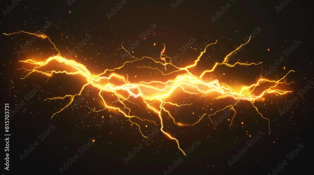 Thunderstorm effect, yellow or gold electric thunderbolts struck by ...